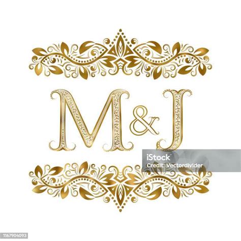 M 과 J 빈티지 이심 기호입니다 편지는 장식 요소로 둘러싸여 있습니다 결혼식 또는 비즈니스 파트너 로얄 스타일의 모노그램