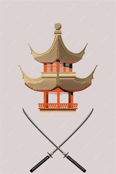 Pagoda And Katana Crossed Samurai Bushido Japanese Tradition Katana