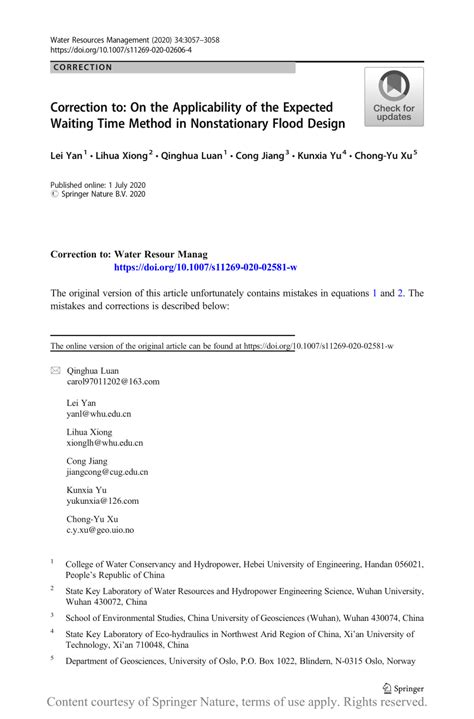 Correction To On The Applicability Of The Expected Waiting Time Method In Nonstationary Flood