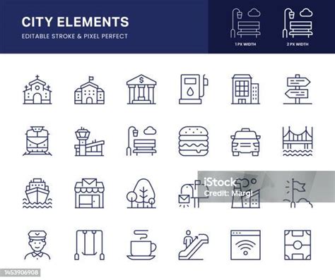 도시 요소 라인 아이콘 이 아이콘 세트는 교회 공공 건물 은행 공항 지하철 자연 공원 등으로 구성됩니다 개념에 대한 스톡 벡터 아트 및 기타 이미지 Istock