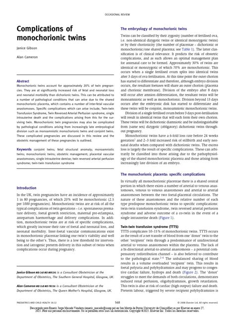 Complications Of Monochorionic Twins Pdf Twin Human Pregnancy