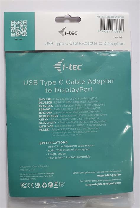 I Tec Kabel Usb C Type C Do Displayport M Oplot