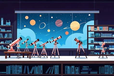 Astronomy Lab Section With Planet Models And Telescopes Vector Illustration Premium Ai