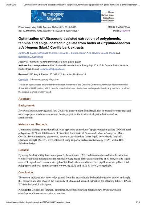 Pdf Optimization Of Ultrasound Assisted Extraction Of Polyphenols