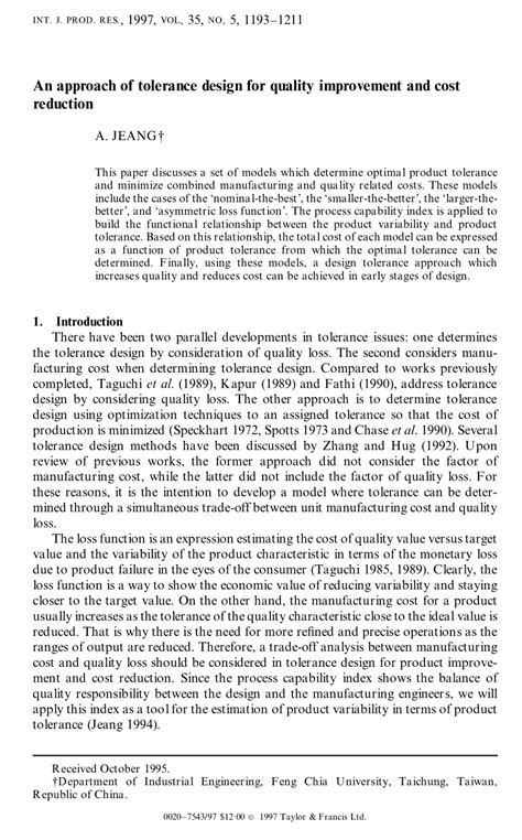Pdf An Approach Of Tolerance Design For Quality Improvement And Cost Reduction