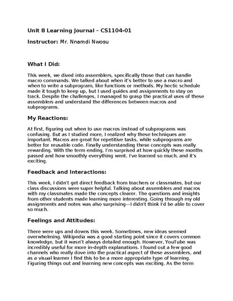 Unit 8 Learning Journal Unit 8 Learning Journal Cs1104 Instructor Mr Nnamdi Nwosu What I