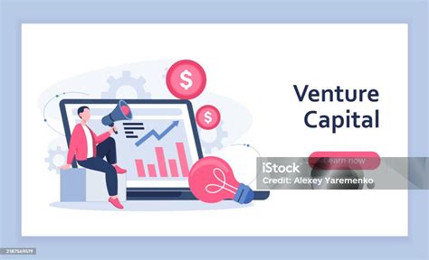 벤처 캐피탈 랜딩 페이지 그래프와 다이어그램이 있는 컴퓨터 근처에 확성기를 가진 남자 금융 문맹 퇴치와 수동 소득 평면 벡터 일러스트 레이 션 개발에 대한 스톡 벡터 아트