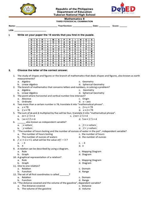 Grade 8 3rd Pdf Function Mathematics Cartesian Coordinate System