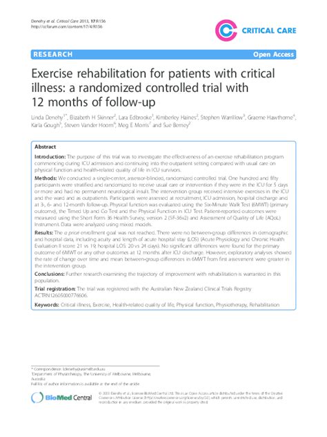 Pdf R Exercise Rehabilitation For Patients With Critical Illness A Randomized Controlled