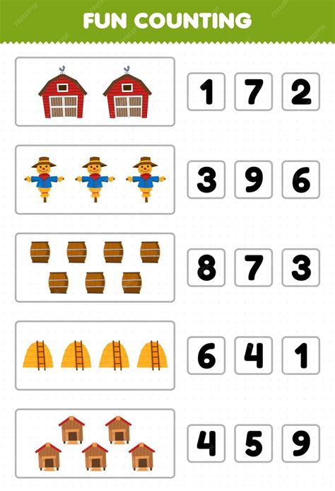 어린이를 위한 교육 게임 재미있는 귀여운 만화 헛간 허수아비 배럴 건초 더미 Coop 인쇄 가능한 농장 워크시트의 정확한 수를 세고 선택 프리미엄 벡터