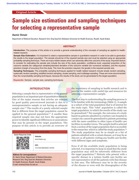 PDF Sample Size Estimation And Sampling Techniques For Selecting A Representative Sample