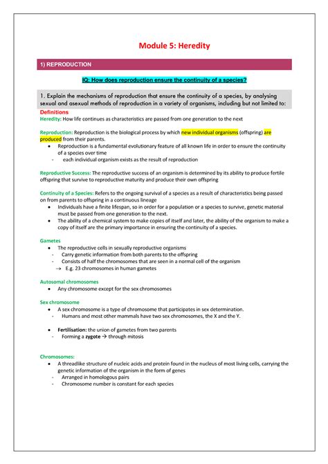 Module 5 Heredity Summary Notes Module 5 Heredity 1 Reproduction