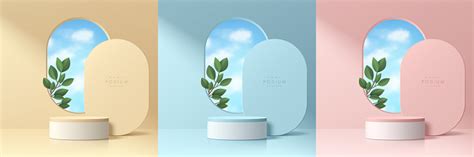 분홍색 노란색 파란색 3d 원통형 연단 배경 와 녹색 잎 와 둥근 구석 창 장면 의 세트 추상 미니멀 모형 제품 전시 프리젠테이션 무대 쇼케이스 플랫폼 벡터 디자인 0명에