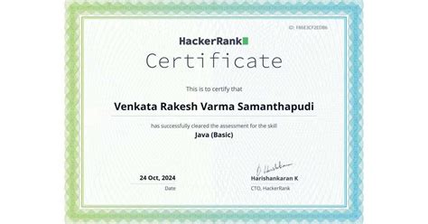 Samanthapudi Venkata Rakesh Varma On Linkedin Hackerrank Skill Certificate