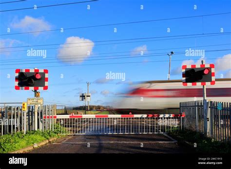 an azuma train passing red lights at an unmanned level crossing east