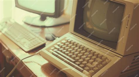 A Vintage Computer Setup With A Crt Monitor And A Classic Keyboard On A Wooden Desk Illuminated