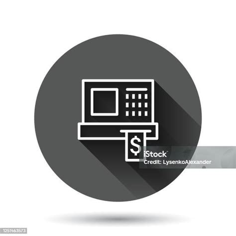플랫 스타일의 금전 등록기 아이콘 긴 그림자 효과로 검은 둥근 배경에서 기계 벡터 그림을 확인합니다 지불 서클 버튼 비즈니스