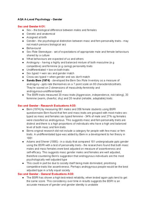 Aqa A Level Psychology Sex And Gender Concepts And Evaluations Studocu