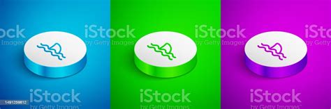 파란색 녹색 및 보라색 배경에 고립 된 바다 파도 아이콘의 등색 선 상어 지느러미 흰색 원 버튼입니다 벡터 3차원 형태에 대한 스톡 벡터 아트 및 기타 이미지 Istock