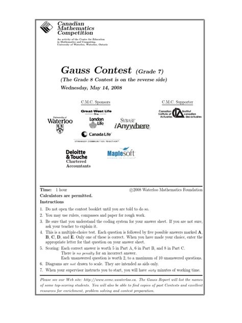 2008 gauss 7 contest pdf multiple choice elementary mathematics