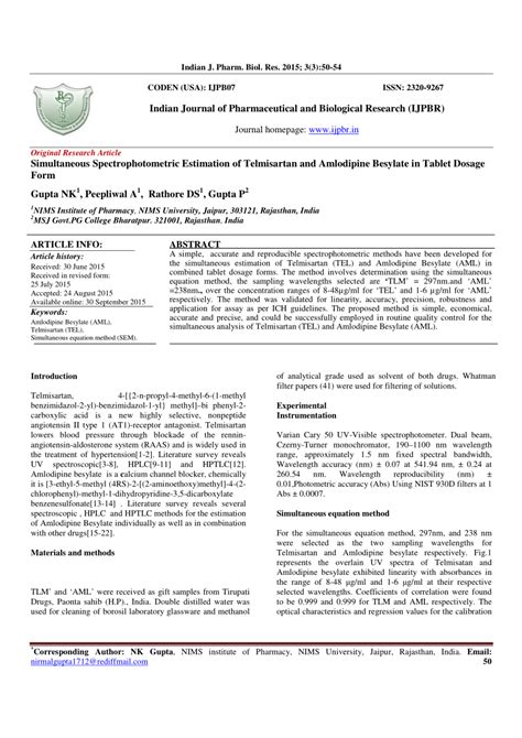 Pdf Simultaneous Spectrophotometric Estimation Of Telmisartan And Amlodipine Besylate In