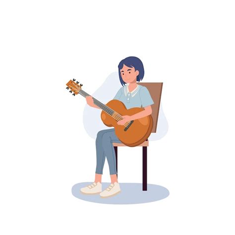 Premium Vector Musician Playing Guitar Happy Young Woman Guitarist