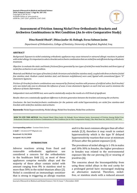 Pdf Assessment Of Friction Among Nickel Free Orthodontic Brackets And Archwires Combinations