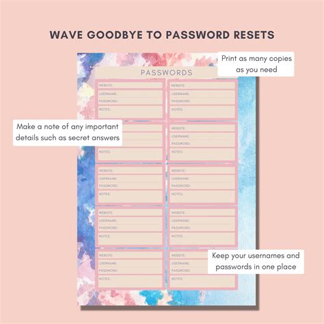 Password Tracker Printable Tracker Pink And Blue Watercolour Password Log Username