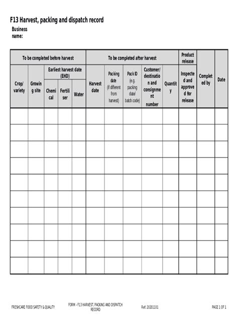Fsq4 F13 Harvest And Packing Record Doc Template Pdffiller