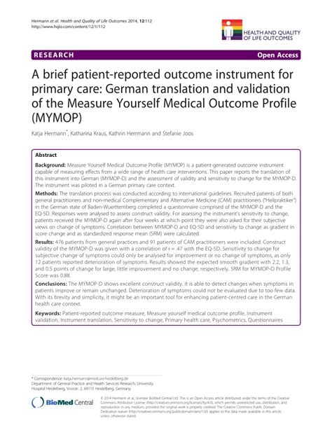 Pdf A Brief Patient Reported Outcome Instrument For Primary Care German Translation And