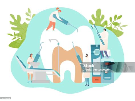 치과 사무실 배너 개념 구강 위생 및 치아 관리 포스터 도구를 가진 작은 사람들 벡터 일러스트레이션 가공의 인물에 대한 스톡 벡터 아트 및 기타 이미지 Istock