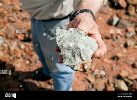Volcanogenic Massive Sulphide Ore Deposit Geologist Holding Rock From
