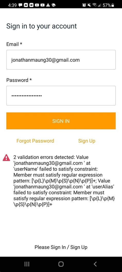 Aws Amplify Validation Error When Trying To Log In To App Using