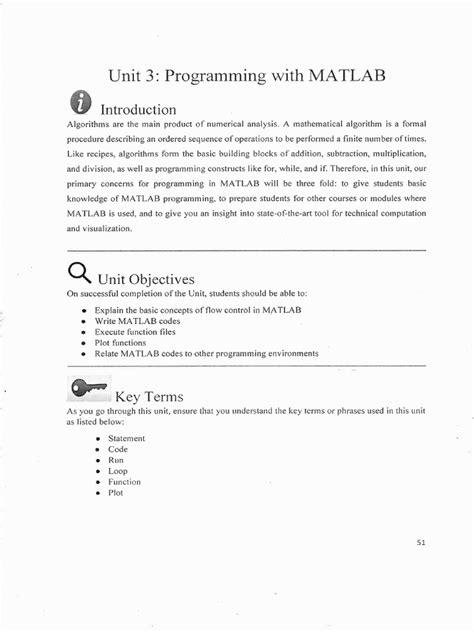Unit Three Lecture Notes Programming With Matlab Pdf