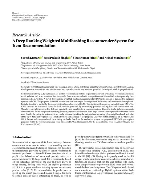 Pdf A Deep Ranking Weighted Multihashing Recommender System For Item Recommendation