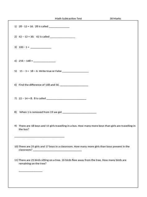 Subtraction Test Pdf