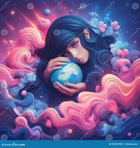 Woman Cradle Earth Planet Sending A Peace Messagge With Symbol Illustration