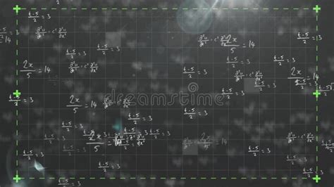 Animation Of Mathematical Equations With Green Crosshair And Light Flare On Dark Grid Stock
