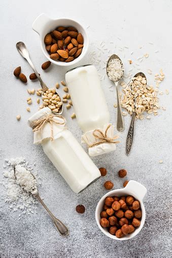 수제 다이어트 야채 우유와 아몬드 곱슬 헤이즐넛 오트밀 쌀과 코코넛 회색 배경에 다이어트 건강 한 개념 맨 위 보기 대두 콩에 대한 스톡 사진 및 기타 이미지 Istock