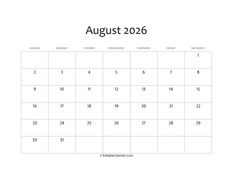 August 2026 Calendar Templates In Word Pdf Excel