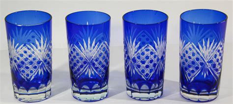 Set Of Four Cobalt Blue Cut Crystal Drinking Rock Glasses Tumbler At