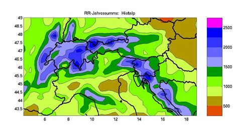 annual precipitation sum in 1999 from the histalp data set aggregated
