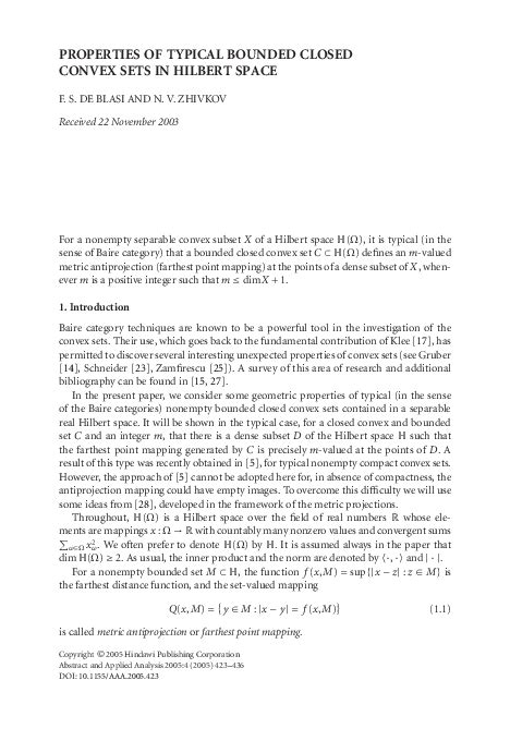 pdf properties of typical bounded closed convex sets in hilbert space