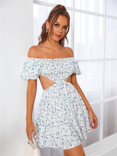 Cutout Smocking Print Dress Sai Feel