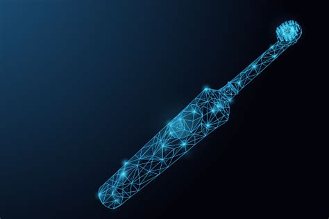 진한 파란색 배경에 고립 된 별 선 점 삼각형으로 만든 미래지향적 인 빛나는 낮은 다각형 전기 칫솔 치과 및 위생 개념 이빨에 대한 스톡 벡터 아트 및 기타 이미지 Istock