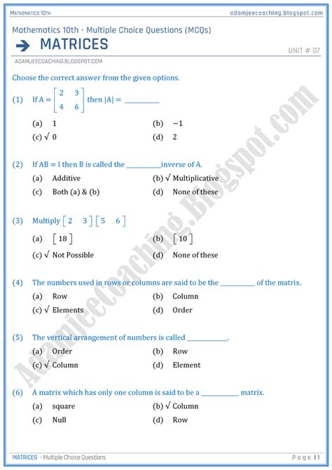 Matrices Mcqs Mathematics 10th Matrices Math Mathematics Math