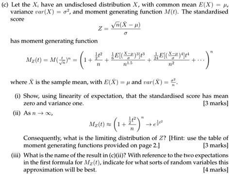 Solved Let X Have An Undisclosed Distribution With A Common Mean E A Variance Var X And