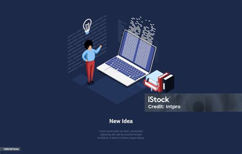 새로운 아이디어 개념에 대한 벡터 일러스트레이션 만화 스타일의 등대 3d 구성 화면에 텍스트와 노트북 근처에 서 문자 가까운 램프 전구 주변의 인포그래픽 요소 책 창조성 3