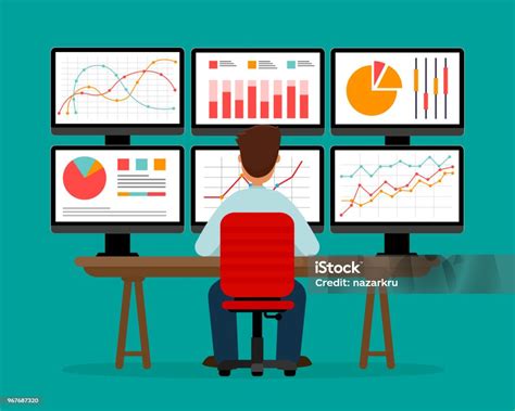 데이터 분석입니다 분석입니다 실업가 앉아 및 많은 컴퓨터 화면에 대 한 통계를 모니터링 평면 스타일에 벡터 그림입니다 Eps10입니다 개념에 대한 스톡 벡터 아트 및 기타