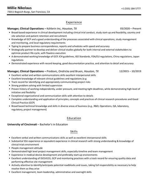 Manager Clinical Operations Resume Samples Velvet Jobs